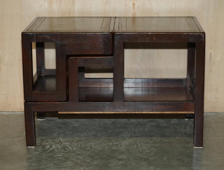 Very Fine Vintage Hardwood Green Leather Side Table Metamorphic Library ...