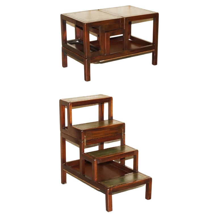 Very Fine Vintage Hardwood Green Leather Side Table Metamorphic Library ...
