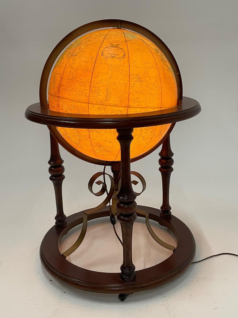 Very Handsome Illuminated Glass Globe on Iron and Walnut Stand For Sale ...