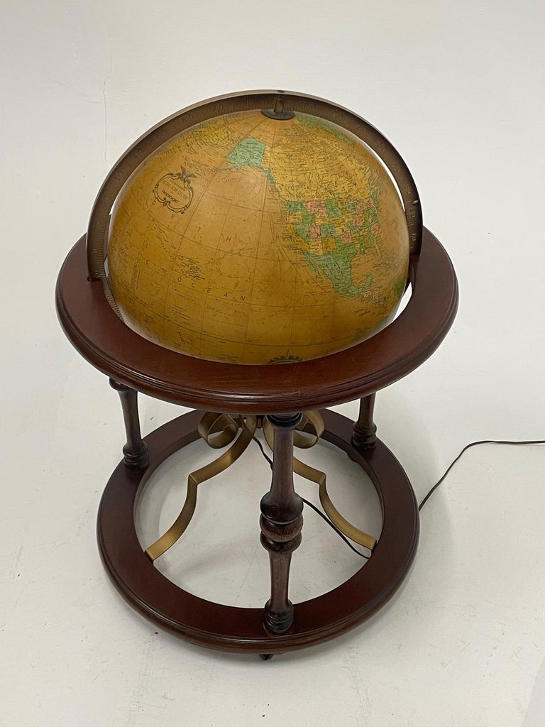 Very Handsome Illuminated Glass Globe on Iron and Walnut Stand For Sale ...