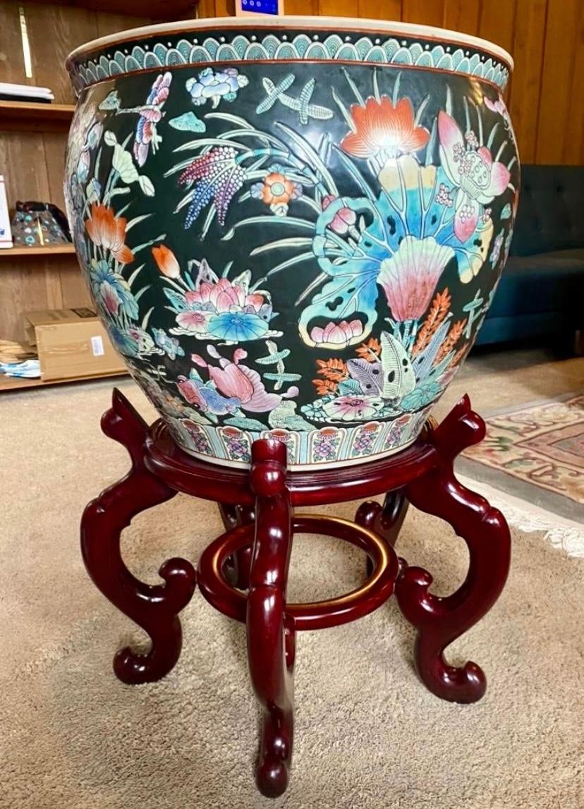 Very Larg Chinese Planter - Jardiniere With Koi on a Wooden Stand For ...