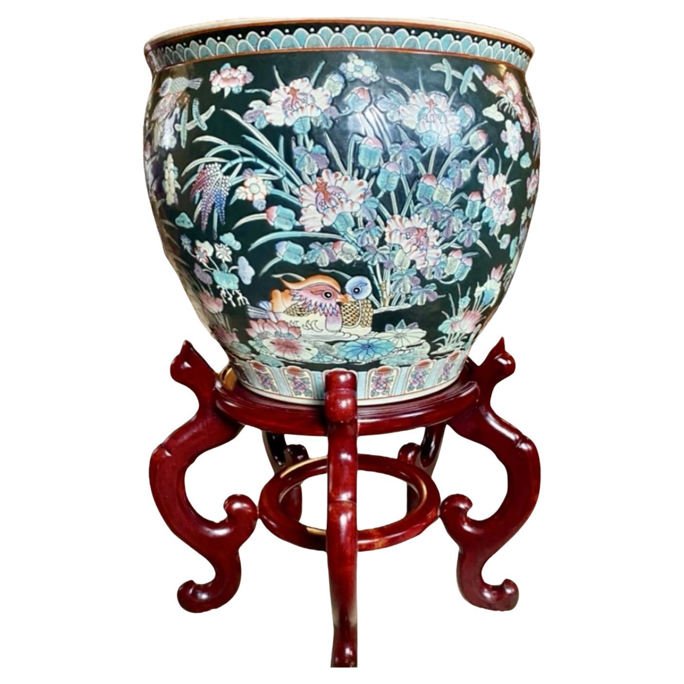 Very Larg Chinese Planter - Jardiniere With Koi on a Wooden Stand For ...