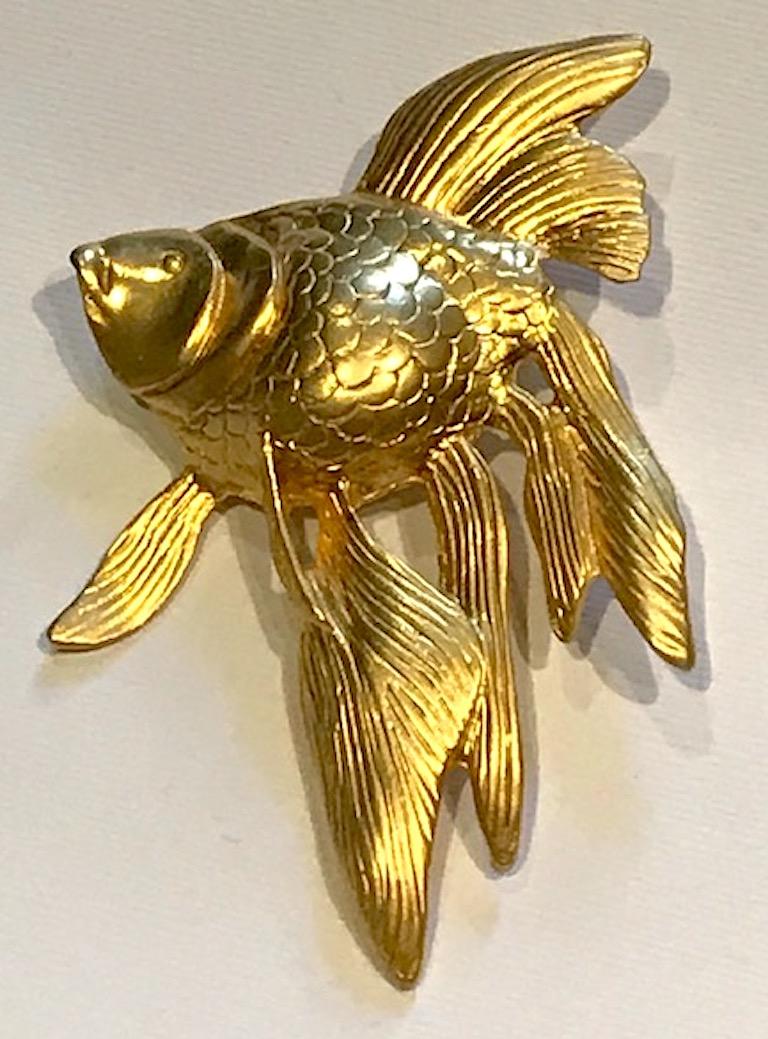 Very Large 1980s Satin Gold Fish Brooch / Pendant at 1stDibs