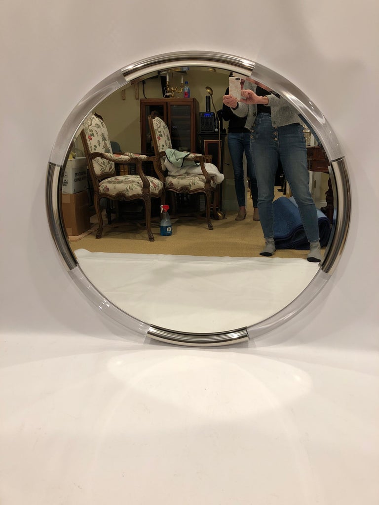 Very Large Chic Round Lucite and Chrome Bevelled Mirror at 1stDibs