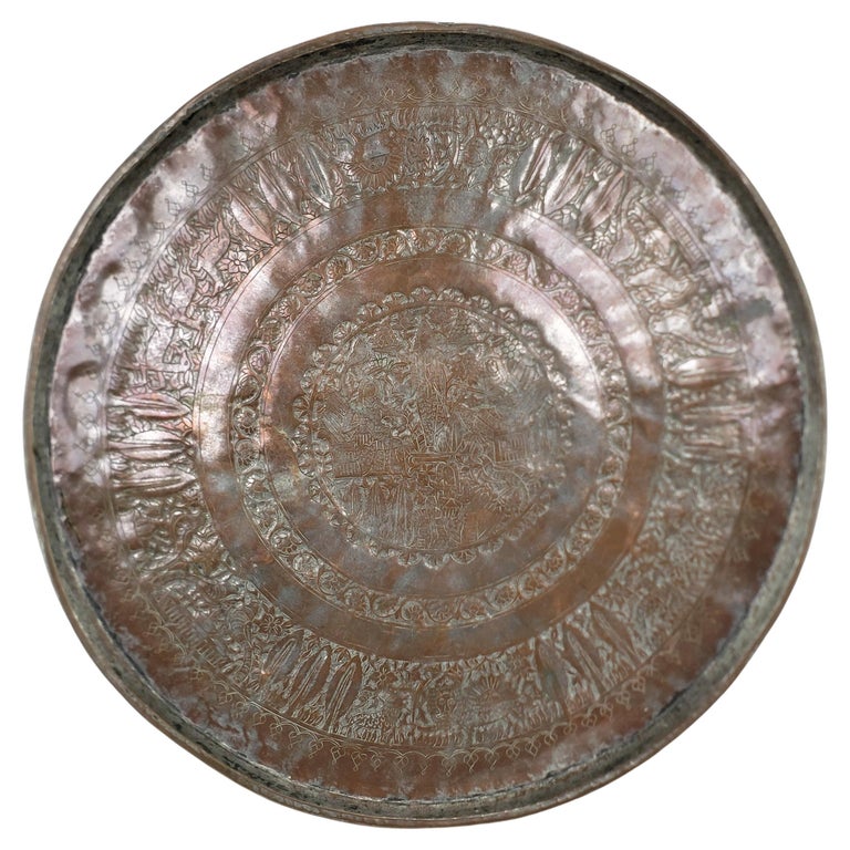 Very Large East Indian Copper Serving Tray or Table Top with Engraved ...