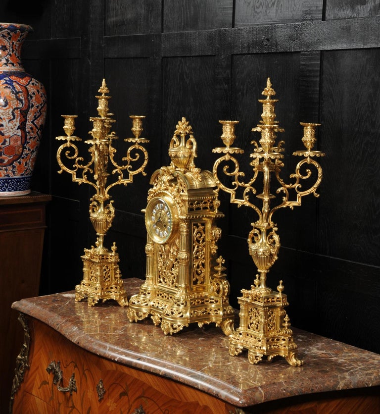Very Large Gilt Bronze Baroque Clock Set Antique French at 1stDibs