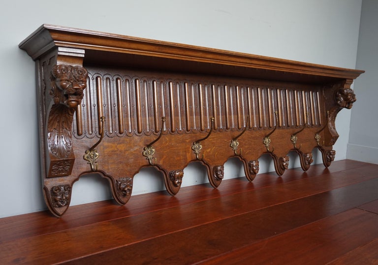 Very Large Hand Carved Oak Wall Coat Rack with Lion and Grotesque Mask ...