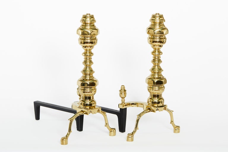 Very Large Solid Brass Georgian Style Pair Andirons For Sale at 1stDibs