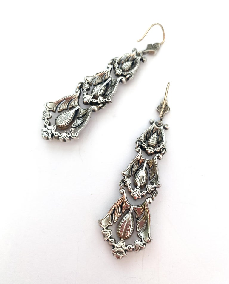 Very long articulated silver and clear paste drop earrings, Continental ...