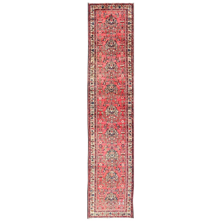 Very Long Semi Antique Persian Runner in Red Field and Green and Ivory ...