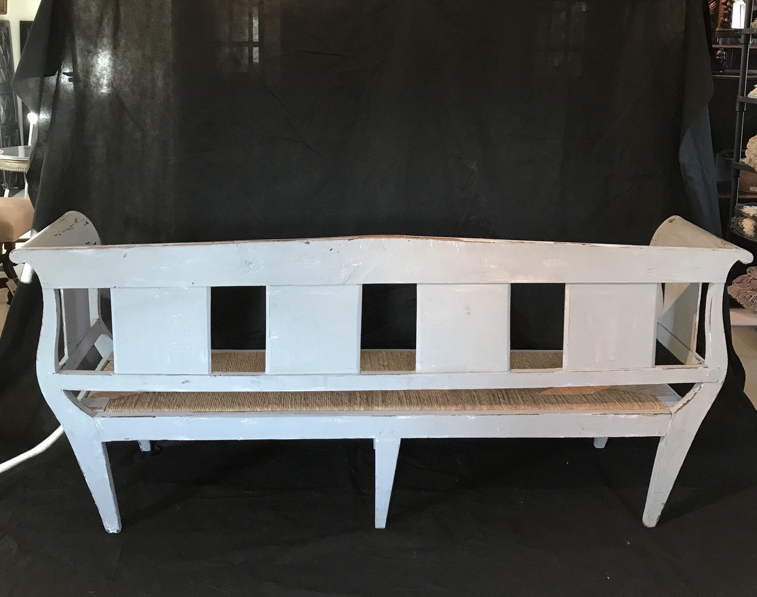 Very Long Swedish Grey Painted Rustic Bench with Original Rush Seat at ...