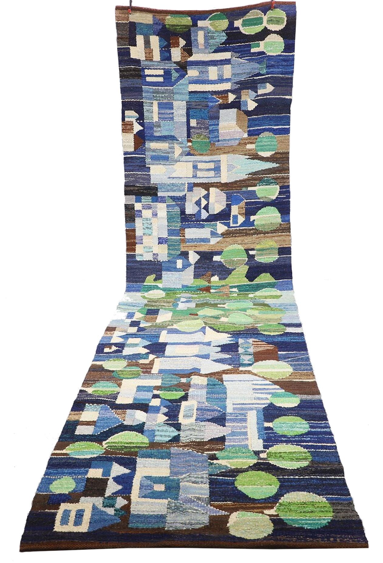 Very Long Swedish Rug Depicting a Village in Shades of Blue, Green, and ...