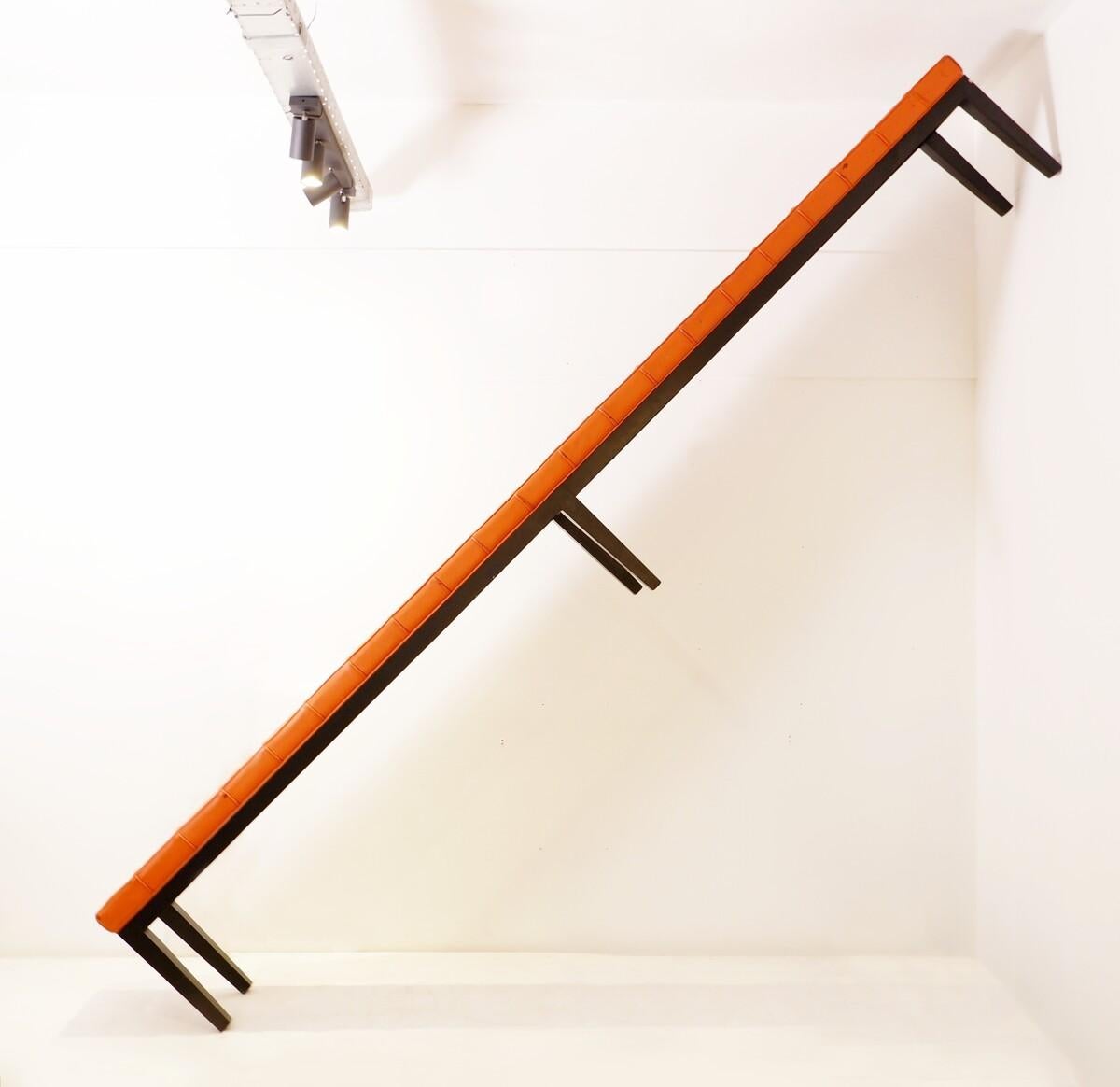 Very long wood and quilted cognac leather bench For Sale at 1stDibs