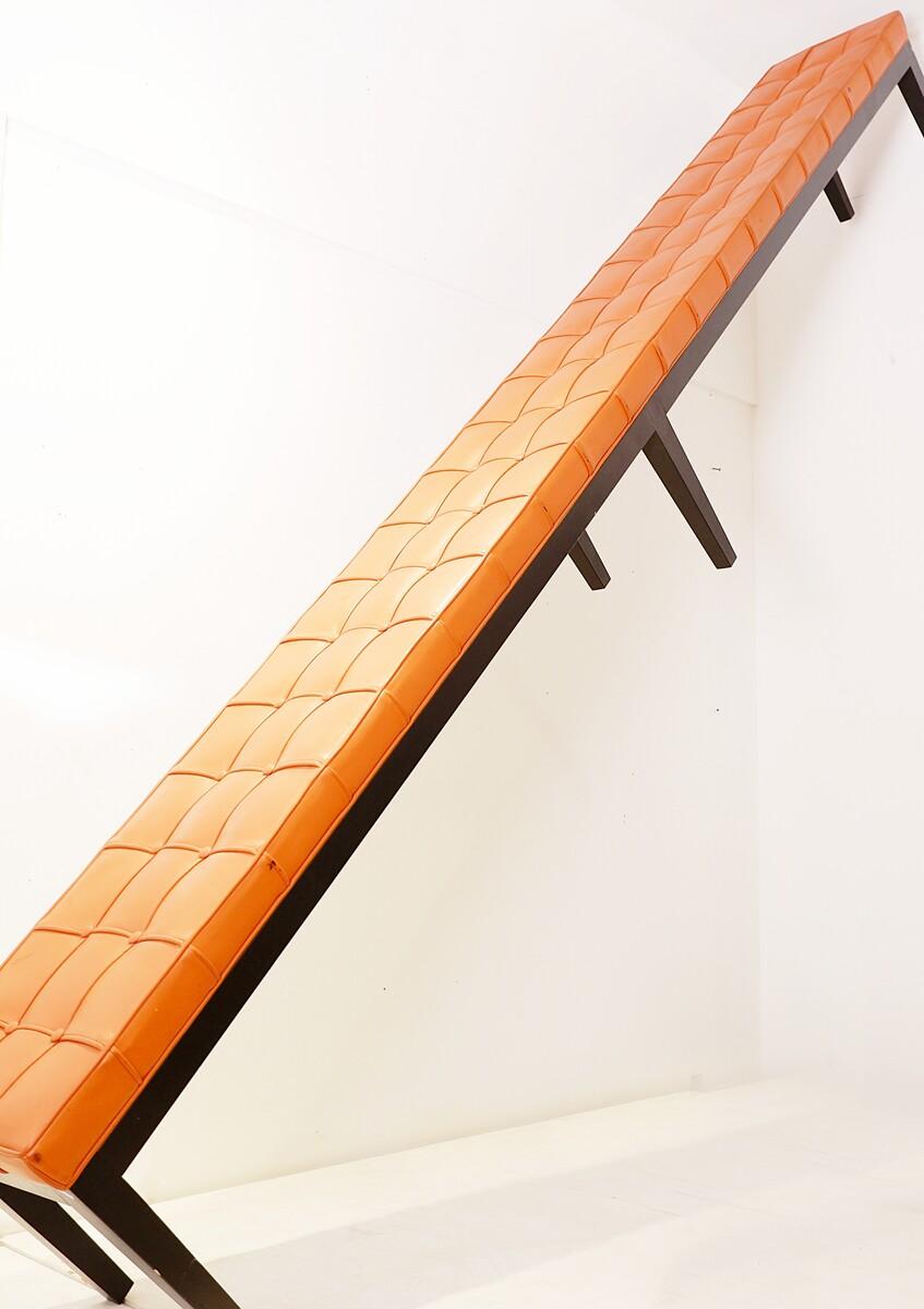 Very long wood and quilted cognac leather bench For Sale at 1stDibs