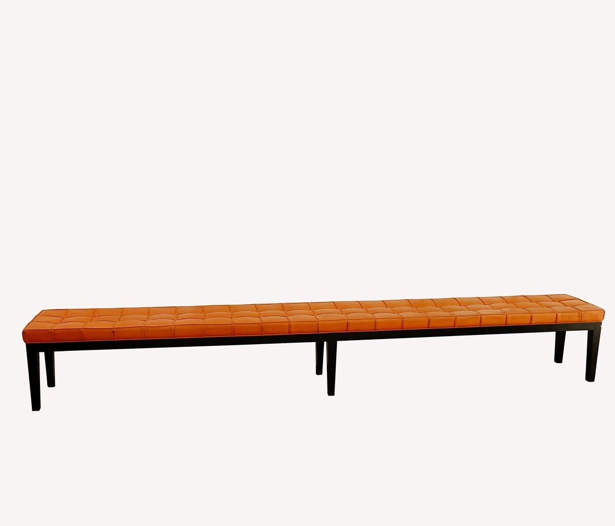 Very long wood and quilted cognac leather bench For Sale at 1stDibs