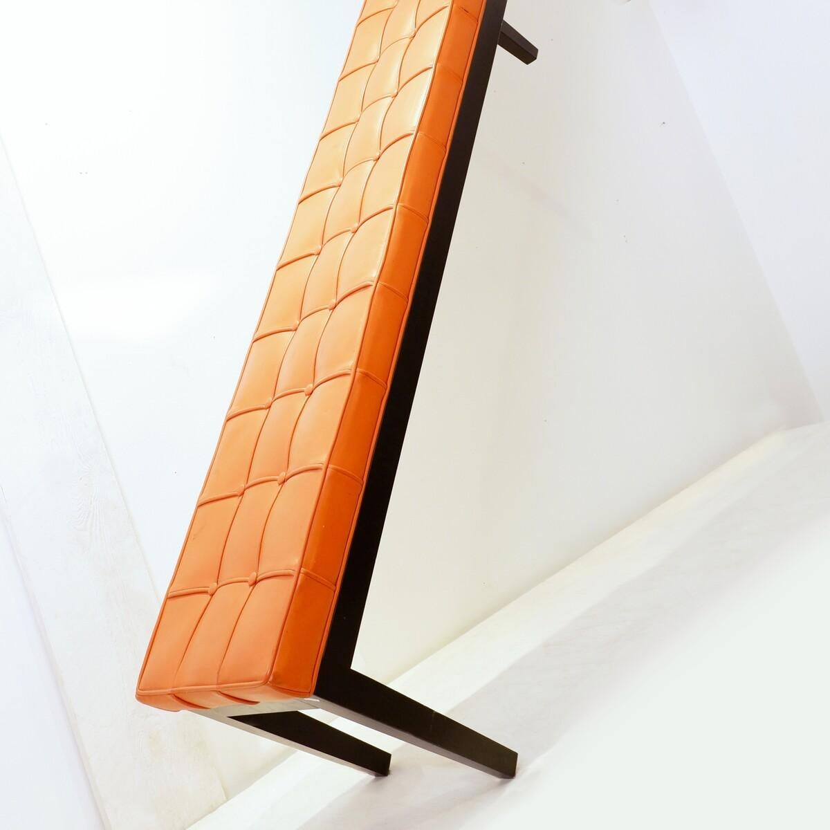 Very long wood and quilted cognac leather bench For Sale at 1stDibs