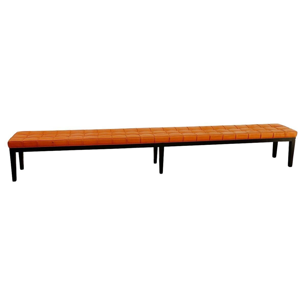 Very long wood and quilted cognac leather bench For Sale at 1stDibs