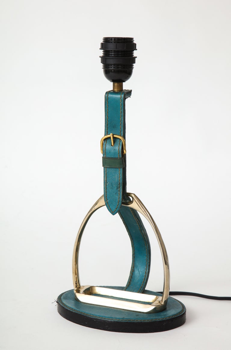 Very Nice Blue Leather "Stirrup" Lamp in the Style of Jacques Adnet at ...