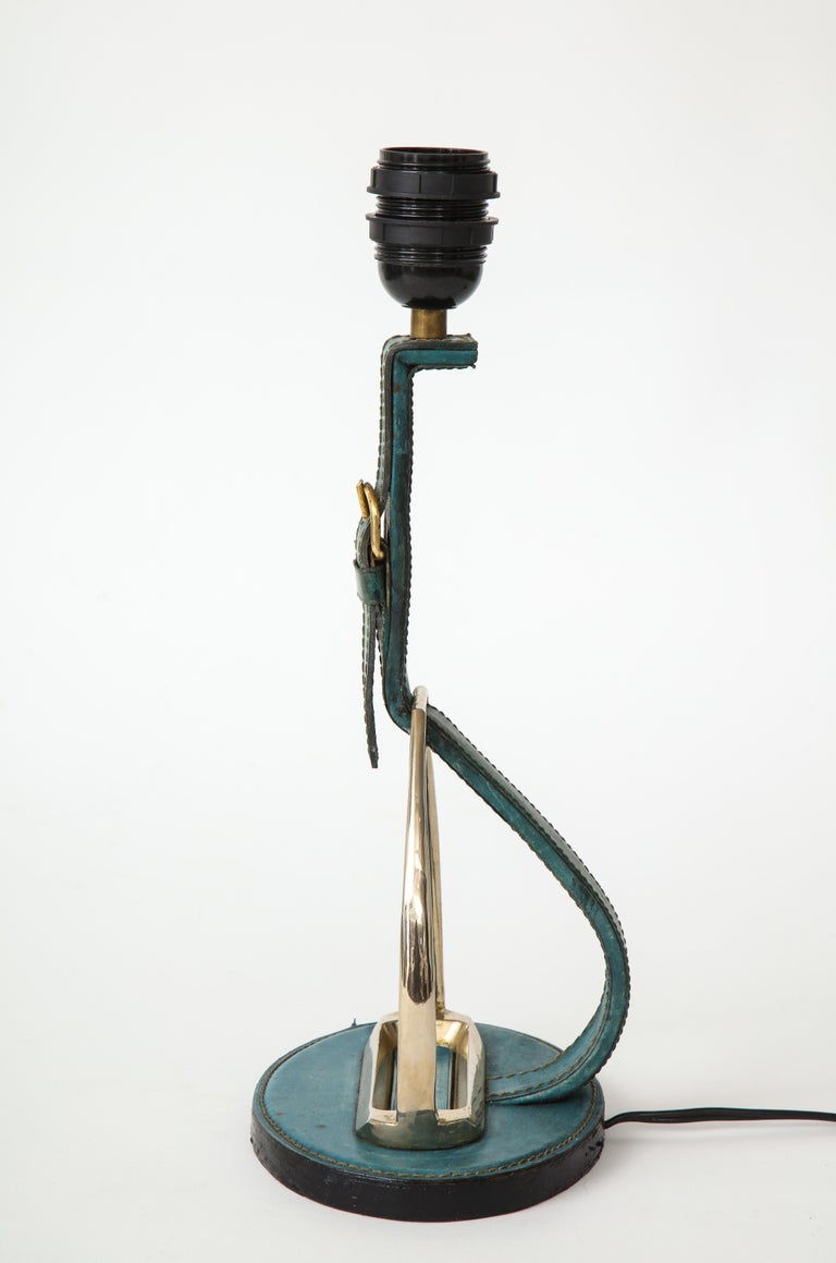 Very Nice Blue Leather "Stirrup" Lamp in the Style of Jacques Adnet at ...