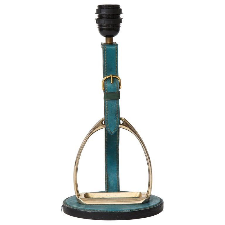 Very Nice Blue Leather "Stirrup" Lamp in the Style of Jacques Adnet at ...