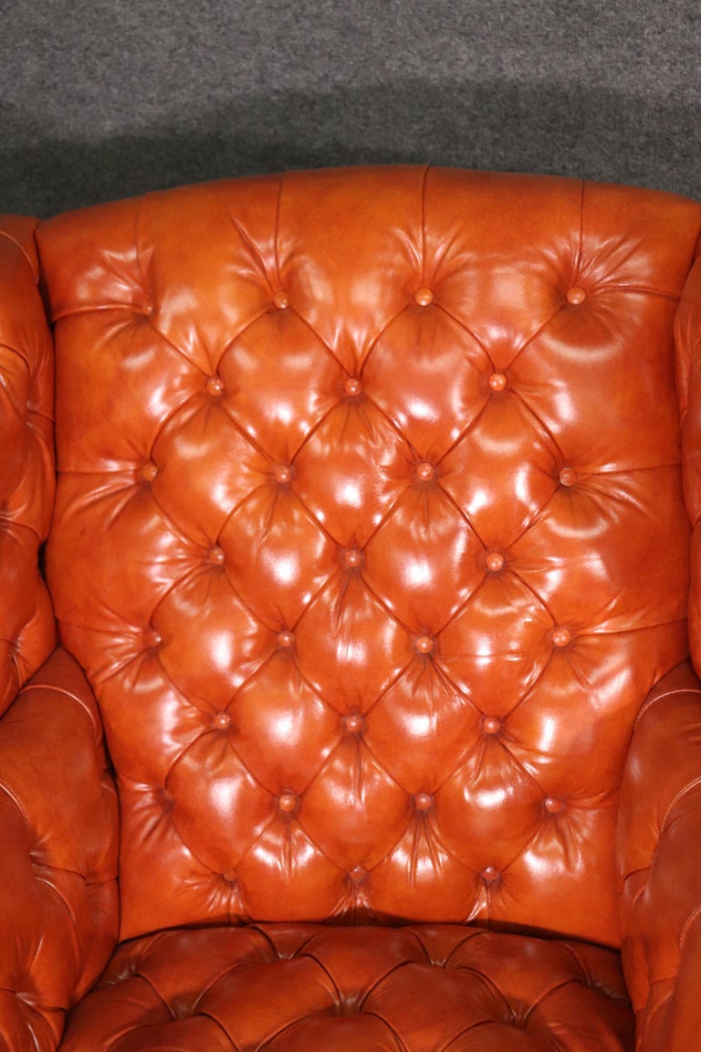 Very Nice Pair of Orange Chesterfield Wing Back Chairs with one stool ...