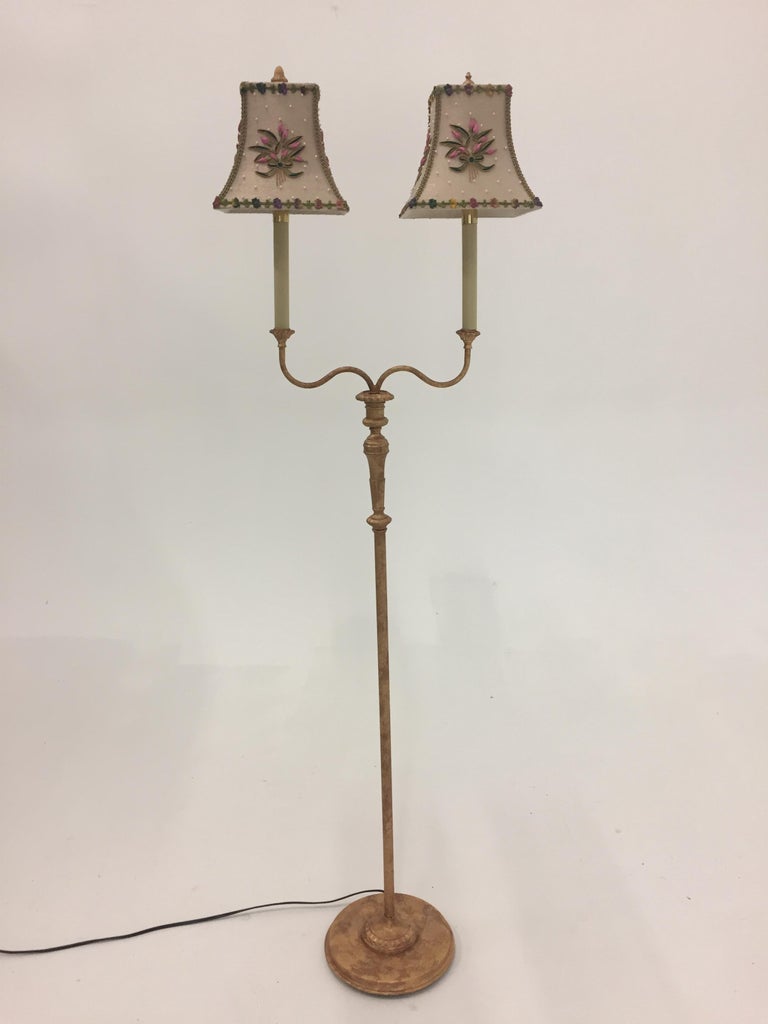 Very Pretty Two-Arm Gilt Metal Floor Lamp with Hand Embroidered Shades ...