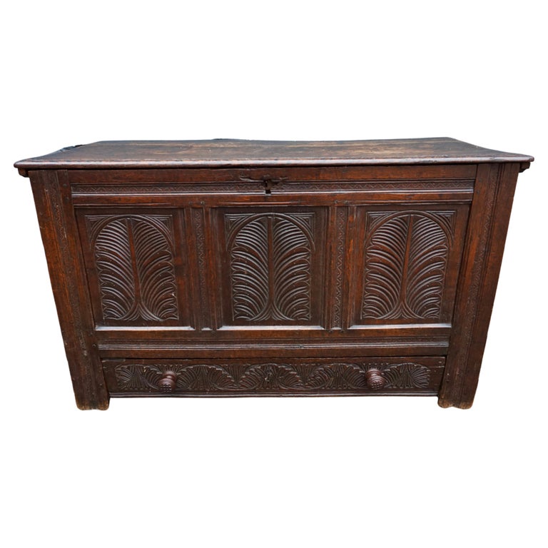 Very Rare 15th C. Medieval English Carved Solid Oak Dowry Coffer with ...