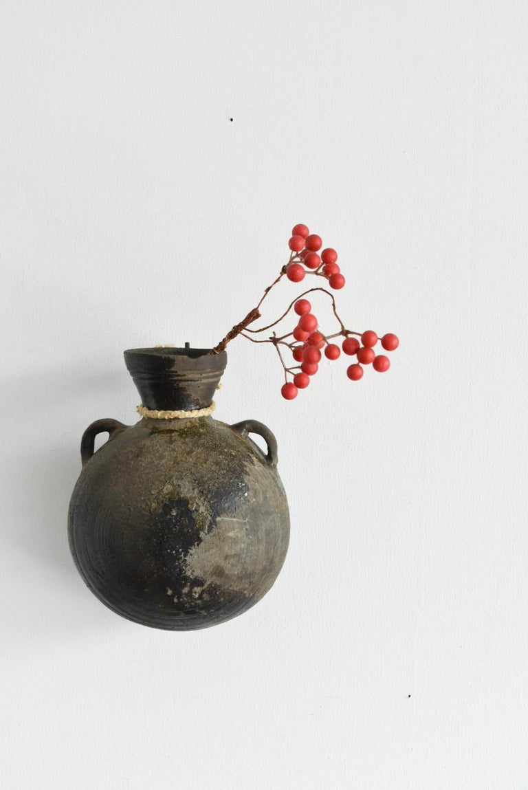 Very rare Japanese antique pottery jar/beautiful natural glaze/wall ...