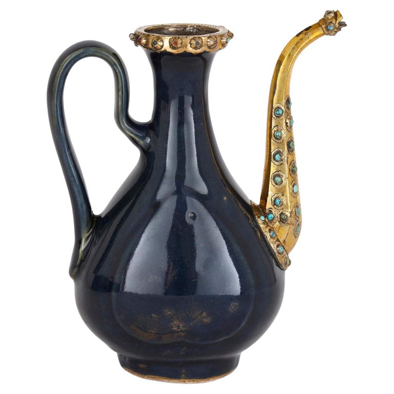 Very Rare Ming Dynasty Porcelain Ewer with Ottoman Gem-Set Tombak ...