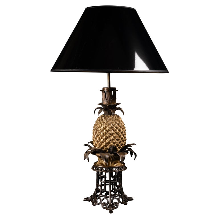 Very Rare Pineapple Lamp on a Wicker Basket with a Bronze Chinoiserie ...