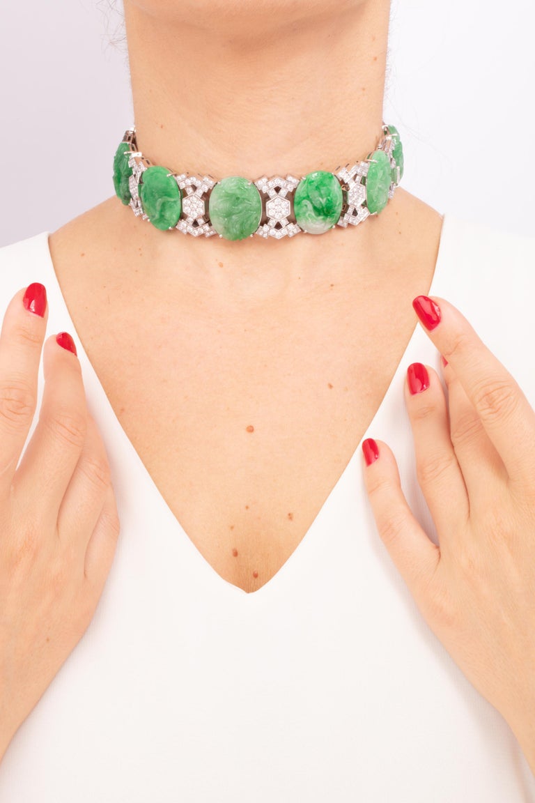 Veschetti 18 Karat White Gold Jade Diamond Choker at 1stDibs