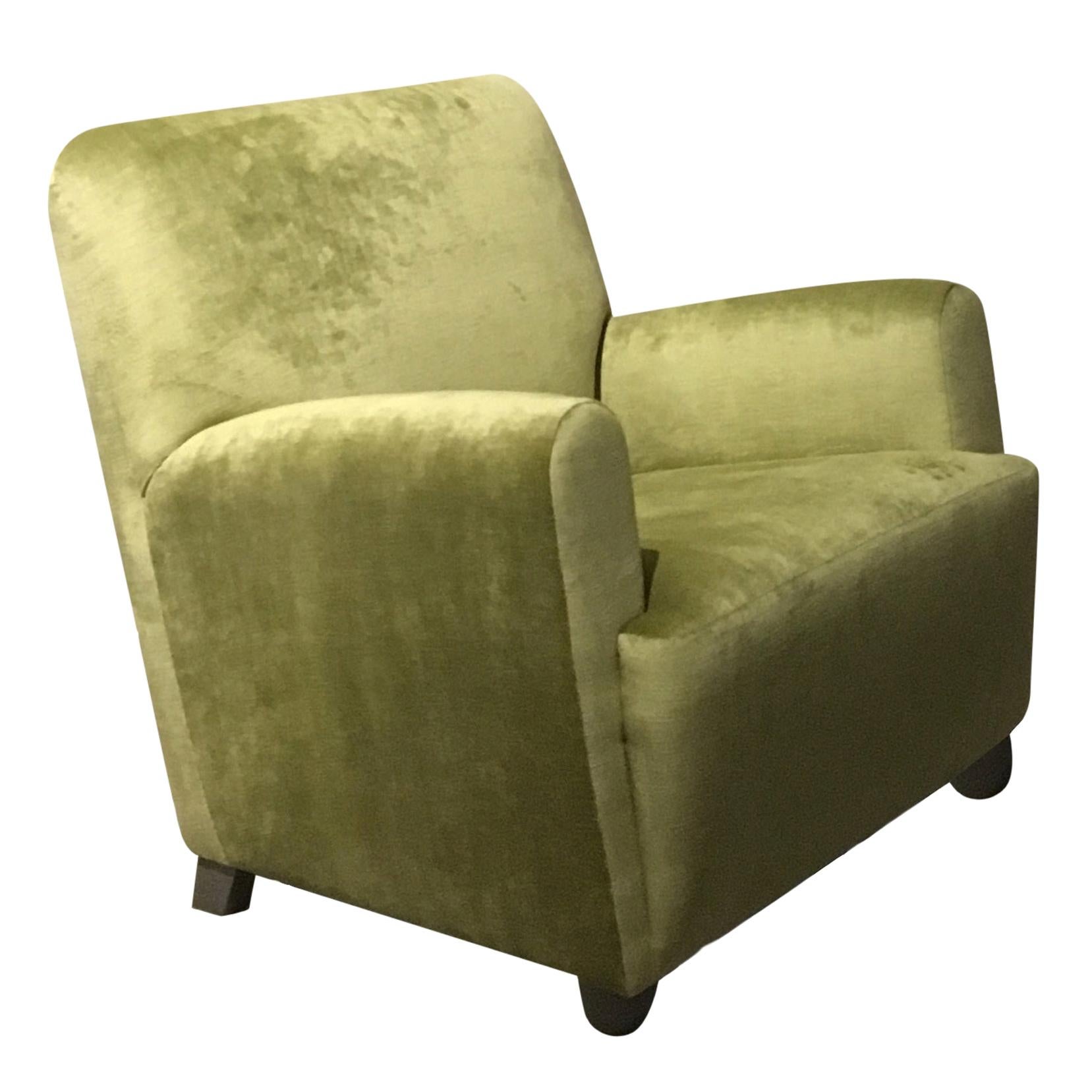 Mod Overstuffed Green Leather Lounge Chair at 1stDibs