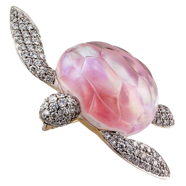 Vhernier Turtle Brooch Pink Mother-of-Pearl Rock Crystal Diamond Gold ...