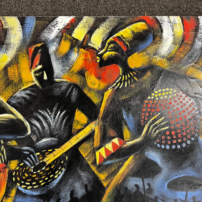 Vibrant African Musicians Artwork Oil on Canvas Signed For Sale at 1stDibs