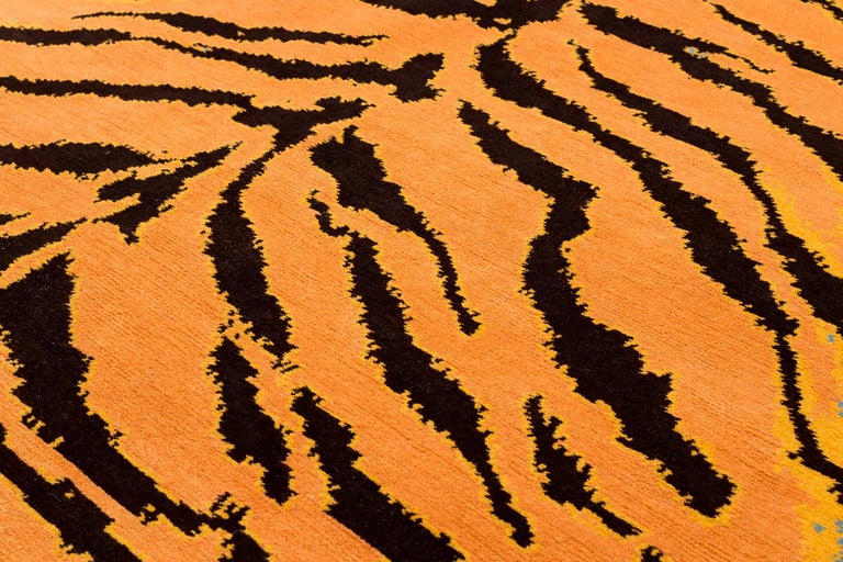 Vibrant Blue, Orange and Black Wool Tiger Print Area Rug For Sale at ...