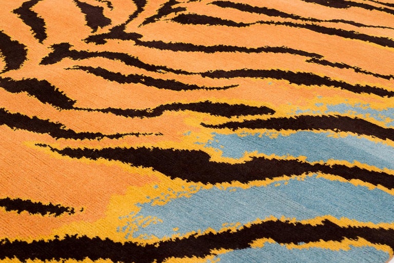 Vibrant Blue, Orange and Black Wool Tiger Print Area Rug For Sale at ...