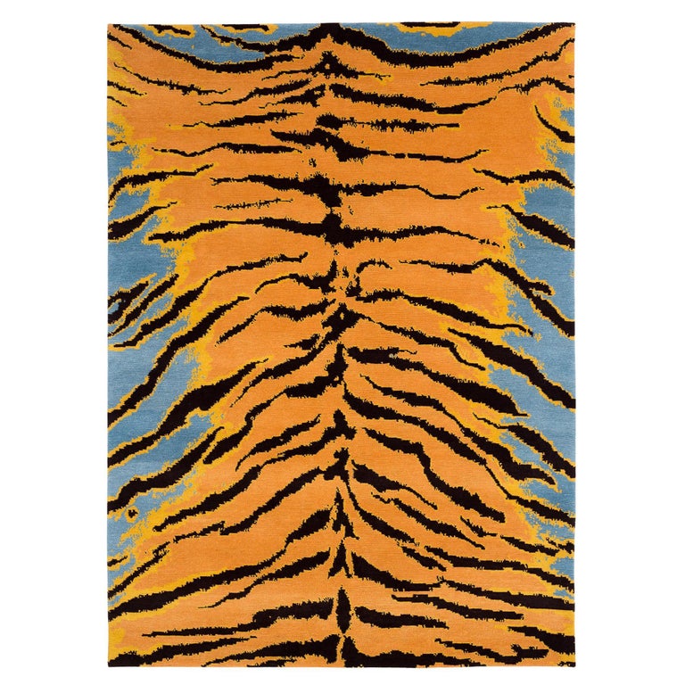 Vibrant Blue, Orange and Black Wool Tiger Print Area Rug For Sale at ...