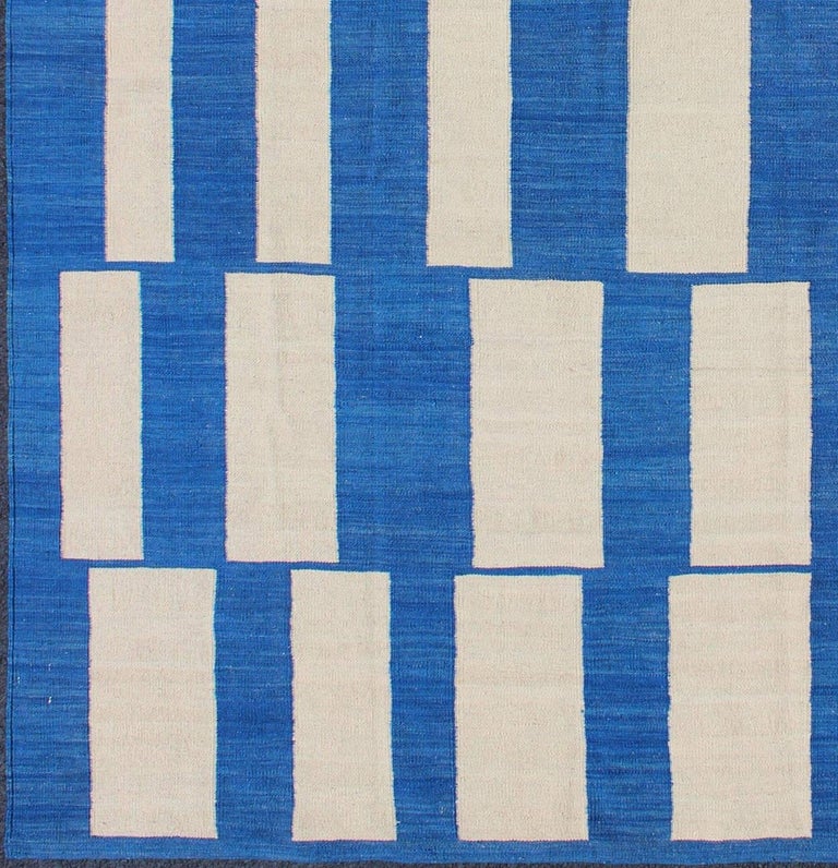Vibrant Bright Blue and Ivory Square Pattern Afghan Kilim Rug at ...