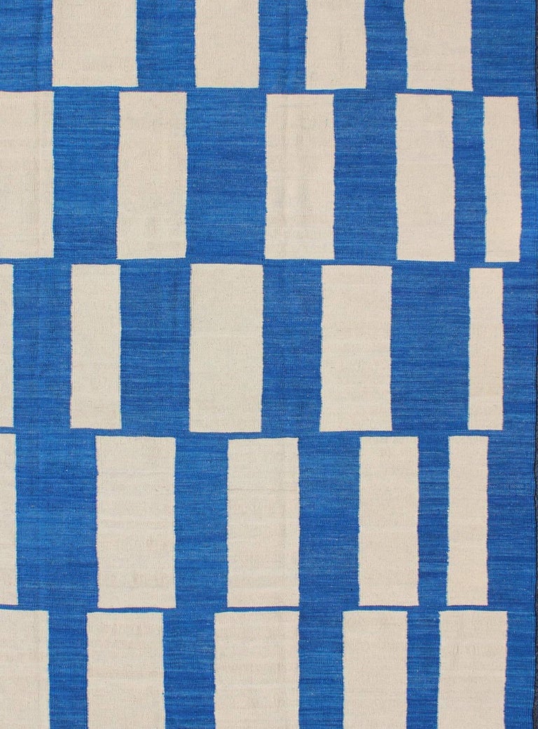 Vibrant Bright Blue and Ivory Square Pattern Afghan Kilim Rug at ...