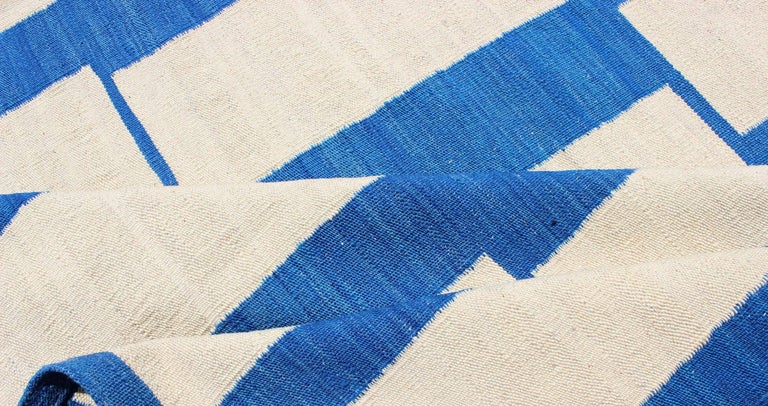 Vibrant Bright Blue and Ivory Square Pattern Afghan Kilim Rug at ...