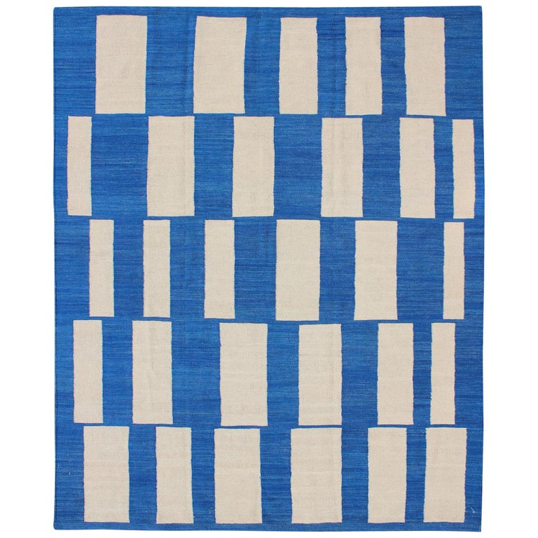 Vibrant Bright Blue and Ivory Square Pattern Afghan Kilim Rug at ...