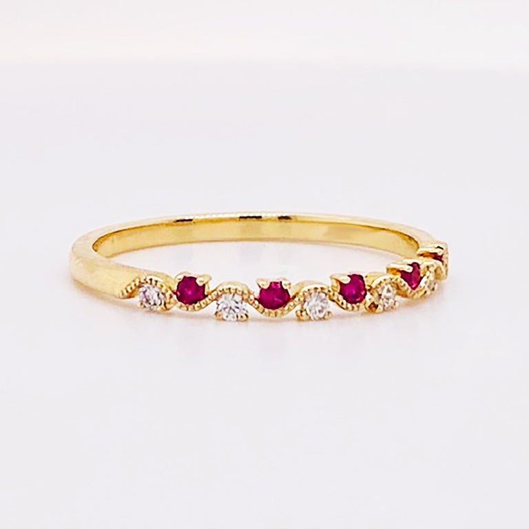 Customizable Vibrant Ruby Ring w Diamond Beaded Wave Band 14K Gold Ring ...