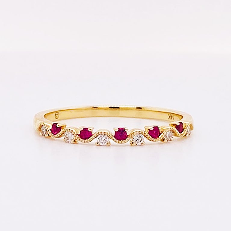 Customizable Vibrant Ruby Ring w Diamond Beaded Wave Band 14K Gold Ring ...