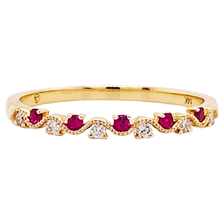 Customizable Vibrant Ruby Ring w Diamond Beaded Wave Band 14K Gold Ring ...