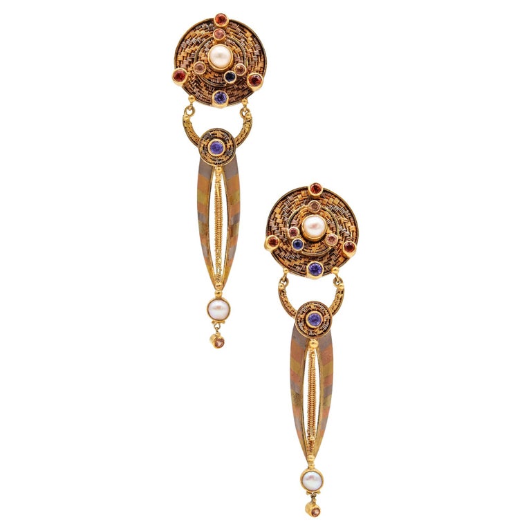 Vicki Eisenfeld Studio Rare Mokume Drop Earrings In 22Kt Gold With Gemstones For Sale at 1stDibs