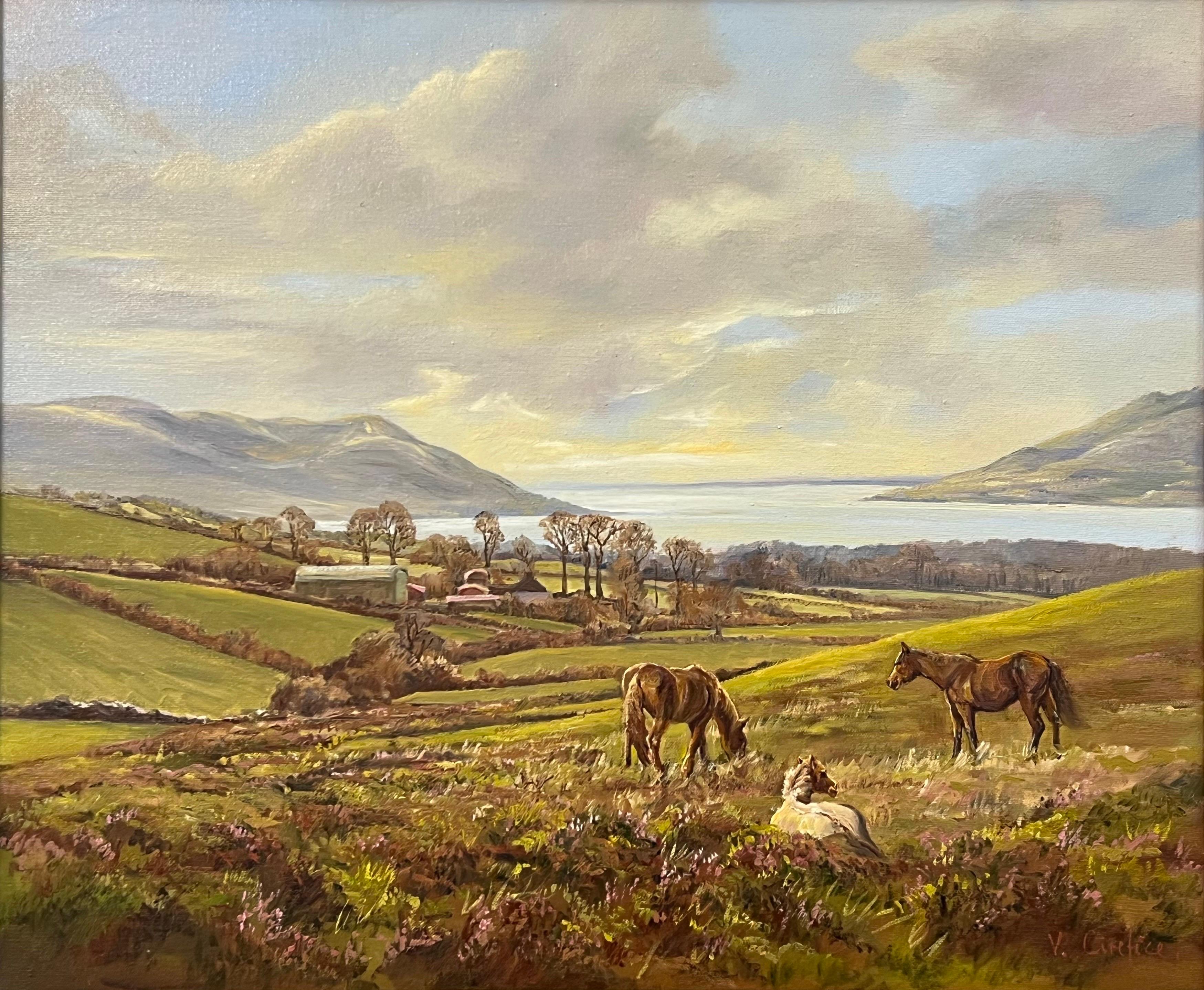 Victor Cirefice - Horses in Fields Overlooking a Lake in Irish ...