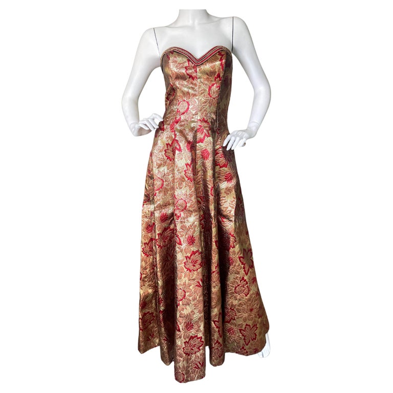 Victor Costa 1980's Gold and Red Metallic Strapless Holiday Evening ...