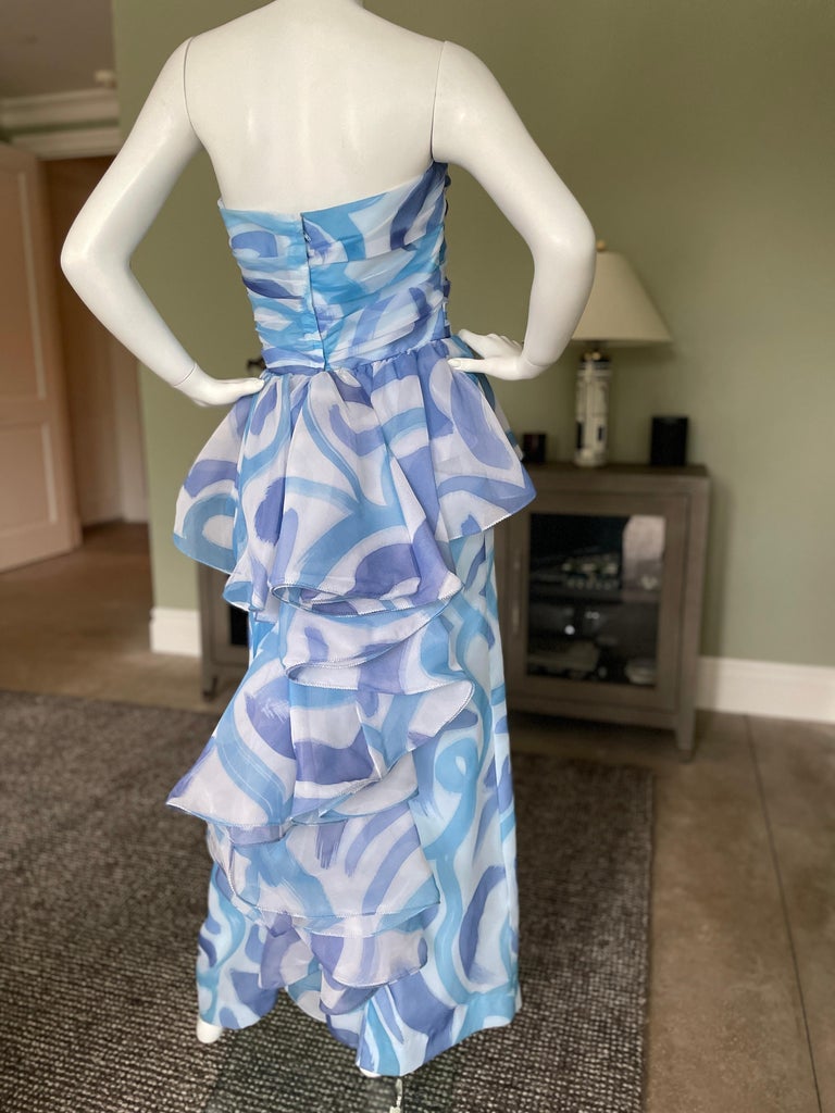 Victor Costa 80's Water Pattern Strapless Dress with Ruffled Bustle ...