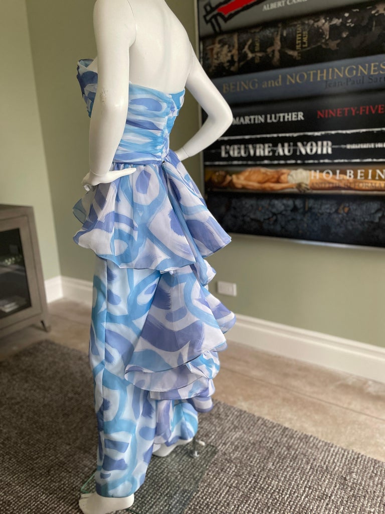 Victor Costa 80's Water Pattern Strapless Dress with Ruffled Bustle ...