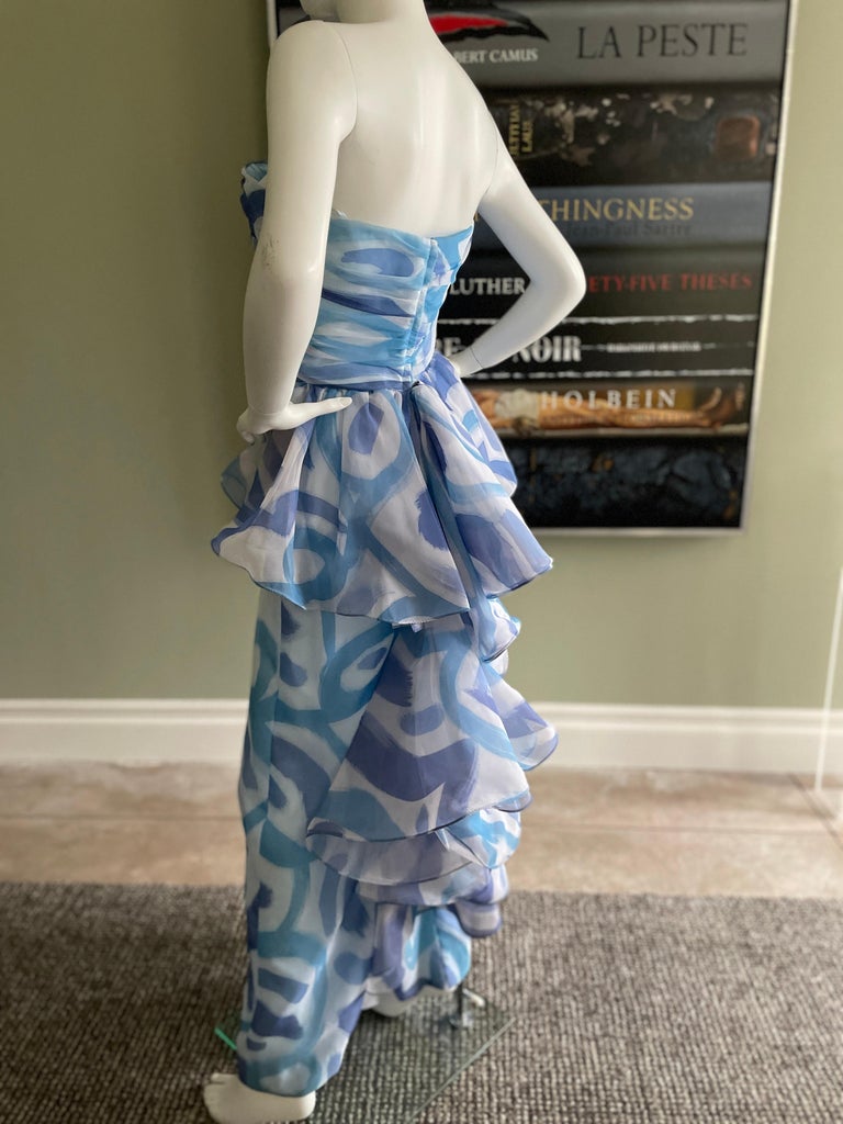 Victor Costa 80's Water Pattern Strapless Dress with Ruffled Bustle ...